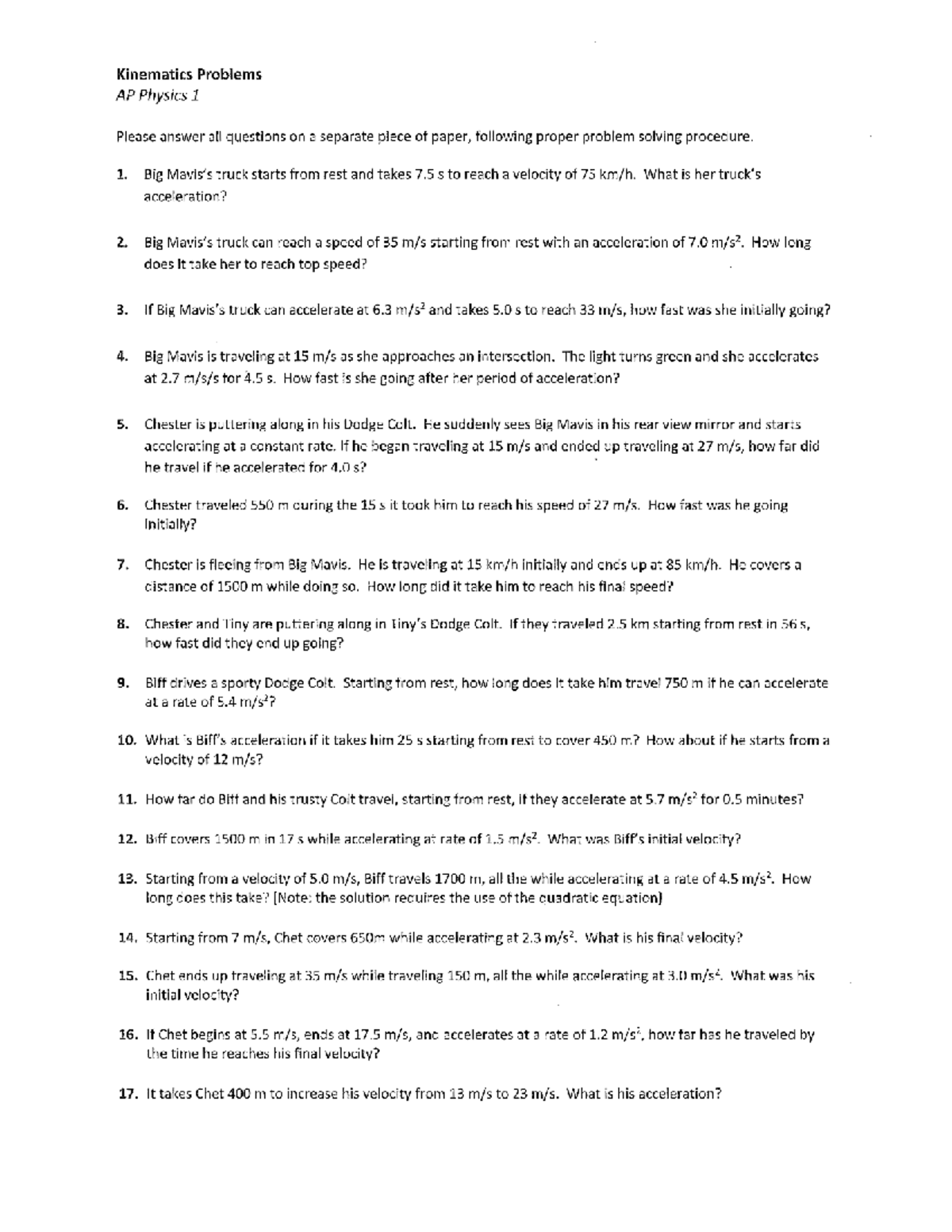 Kinematics Problems AP Physics 1 - Practice Exercises - Studocu