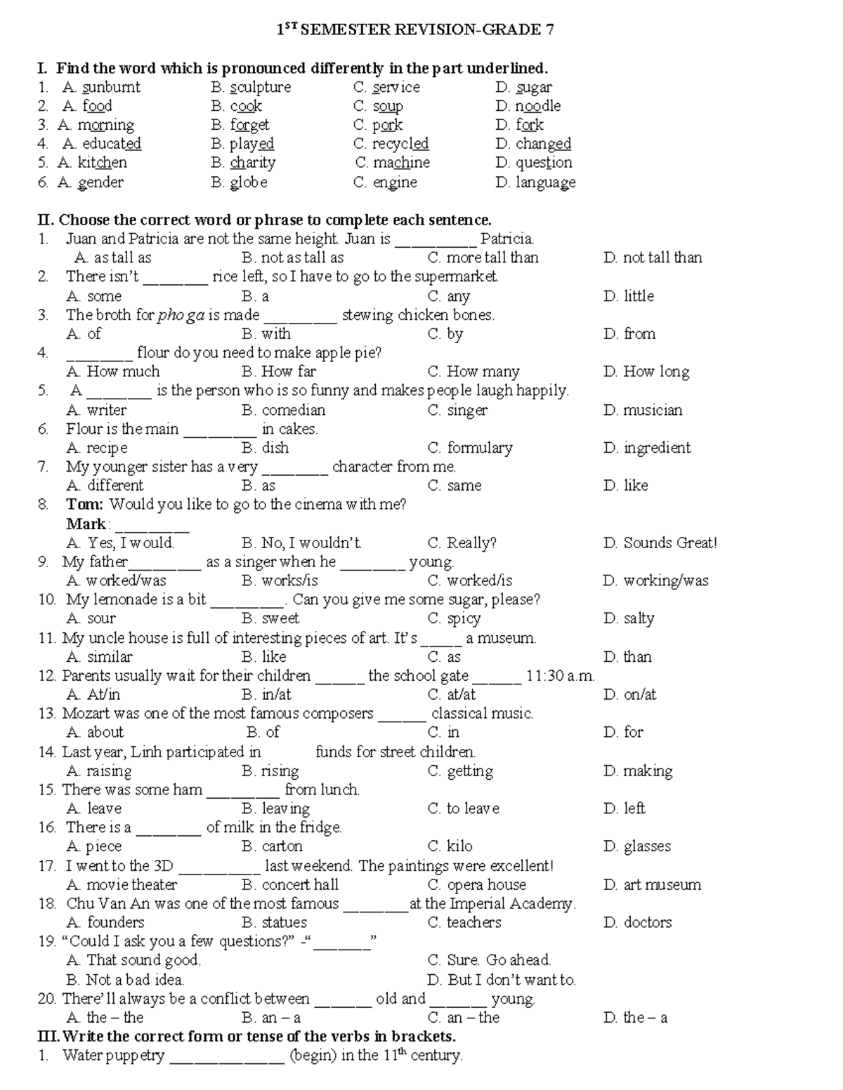 1ST SEMESTER REVISION FOR GRADE 7 ENGLISH - Studocu