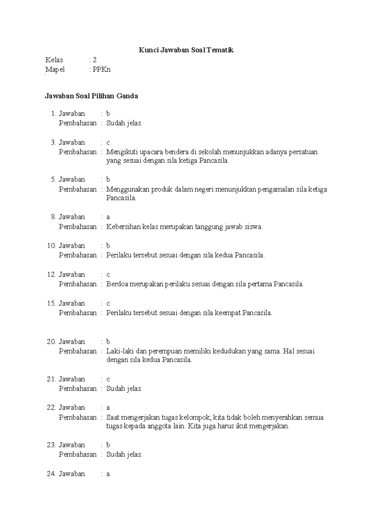 Kunci Jawaban Soal Tematik PPKn Kelas 2 - Studocu