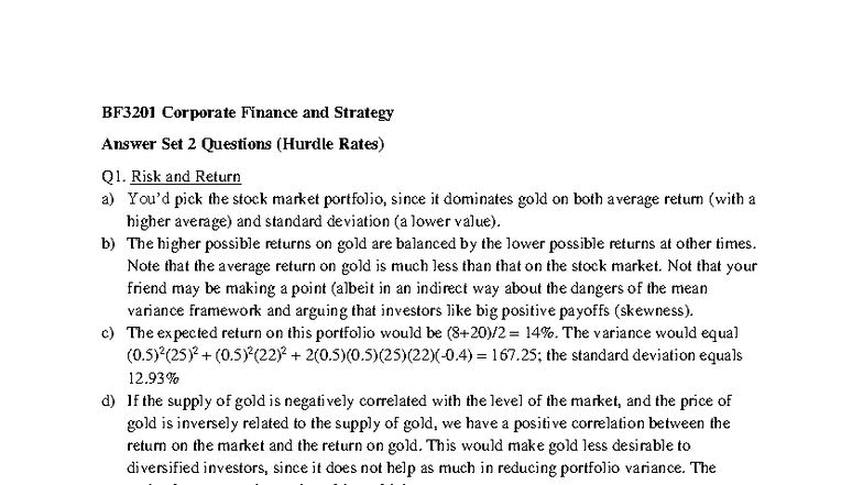 BF3201 Corporate Finance & Strategy: Answer Set 2 (Hurdle Rates) - Studocu