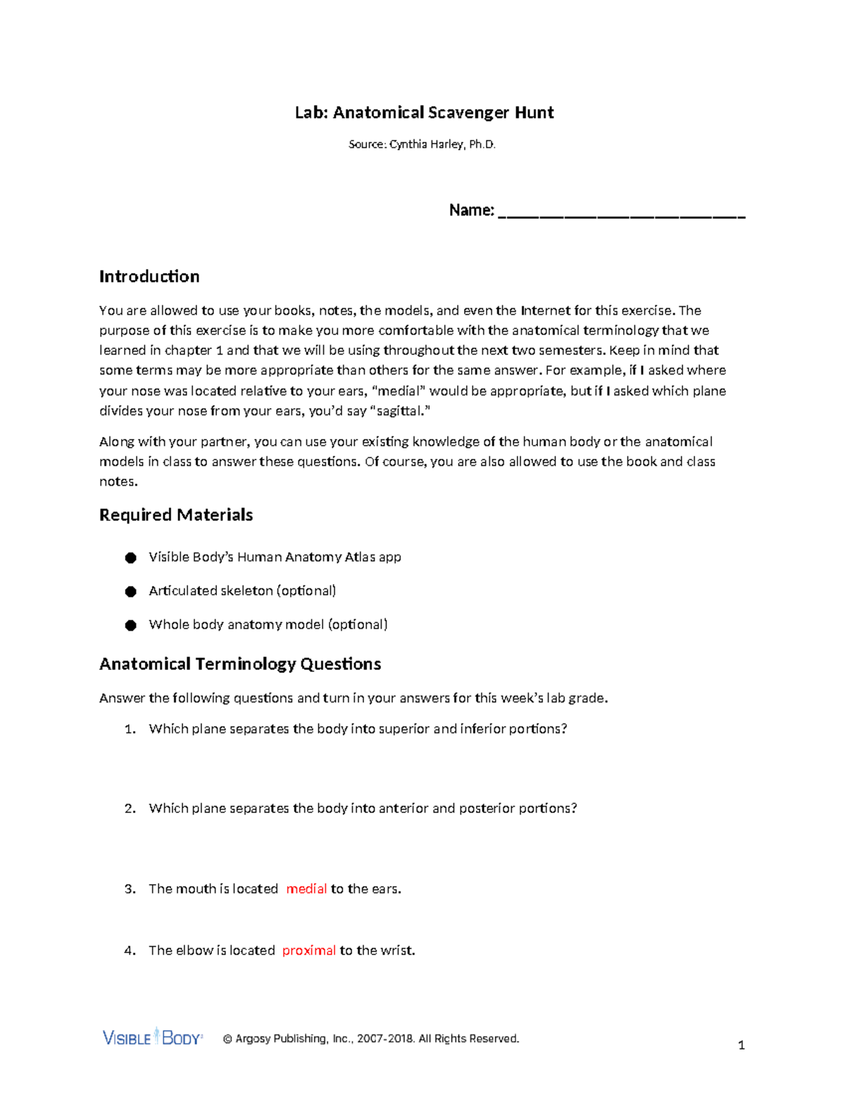 Lab Activity 1 - Anatomical Terminology Scavenger Hunt (BIO101) - Studocu
