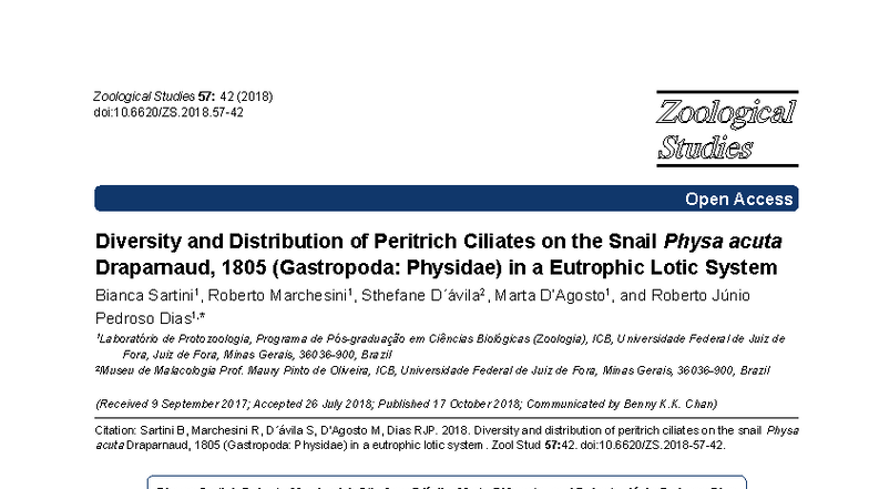 Diversity and Distribution of Peritrich Ciliates on Physa acuta ...