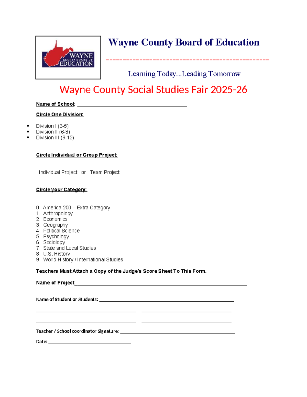 WCS Registration Form 25-26 Social Studies Fair - Wayne County Board of ...