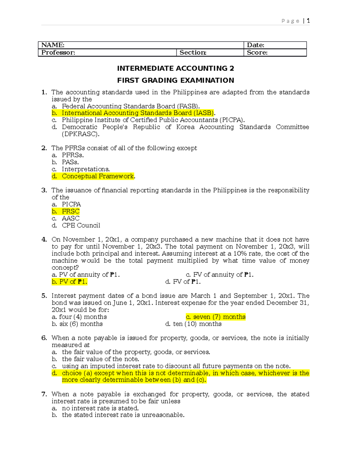 Intermediate Accounting 2 - 1st Grading Exam Key Answers - Studocu