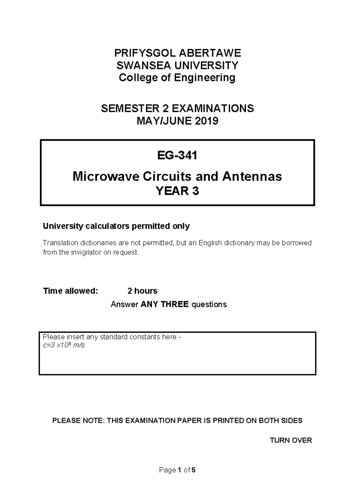 Swansea University Engineering Year 3 Microwave Circuits Exam 2019 ...
