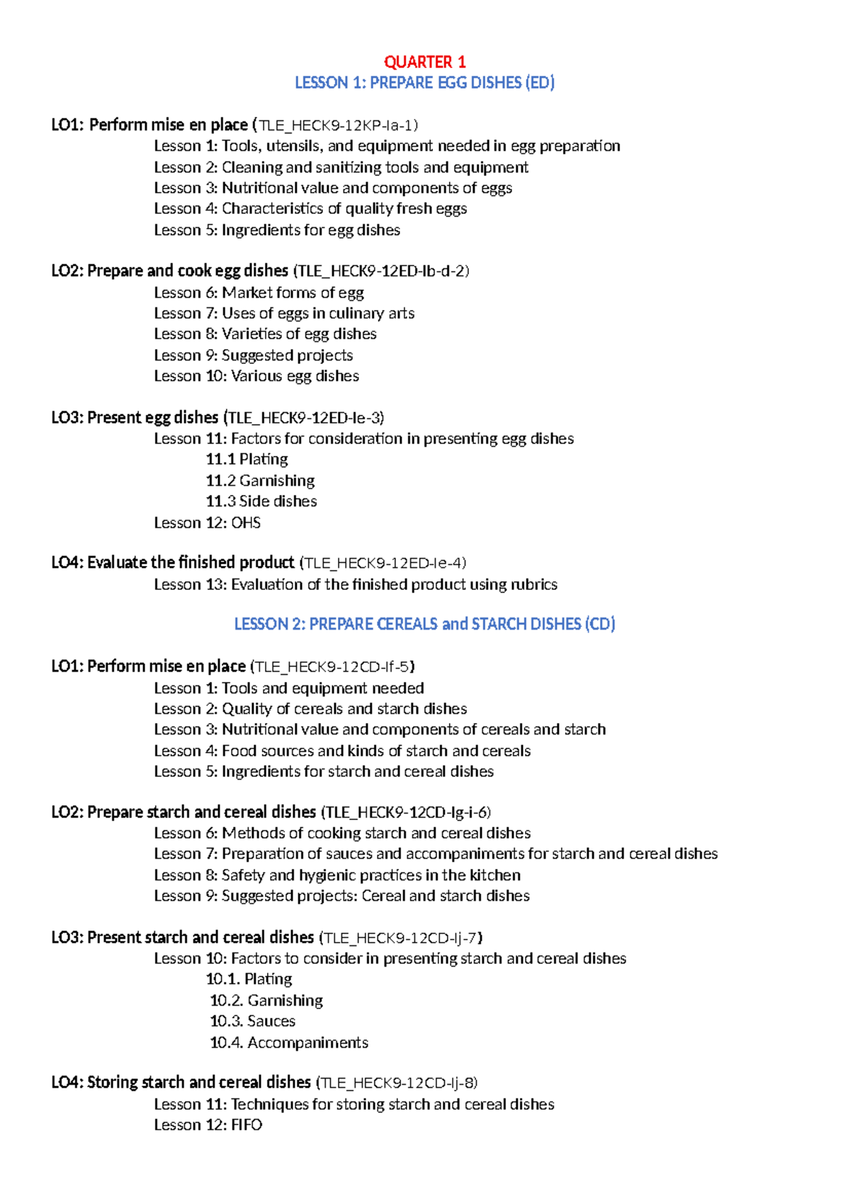 TLE 10 Cookery Lesson Guide: Egg, Cereal, Vegetable & Meat Dishes - Studocu