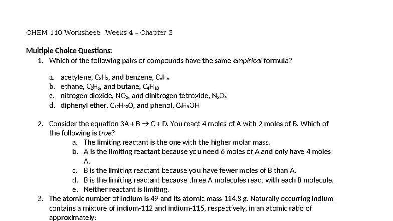 CHEM 110 Worksheet: Weeks 3 & 4 Chapter 3 MCQs and Problems - Studocu