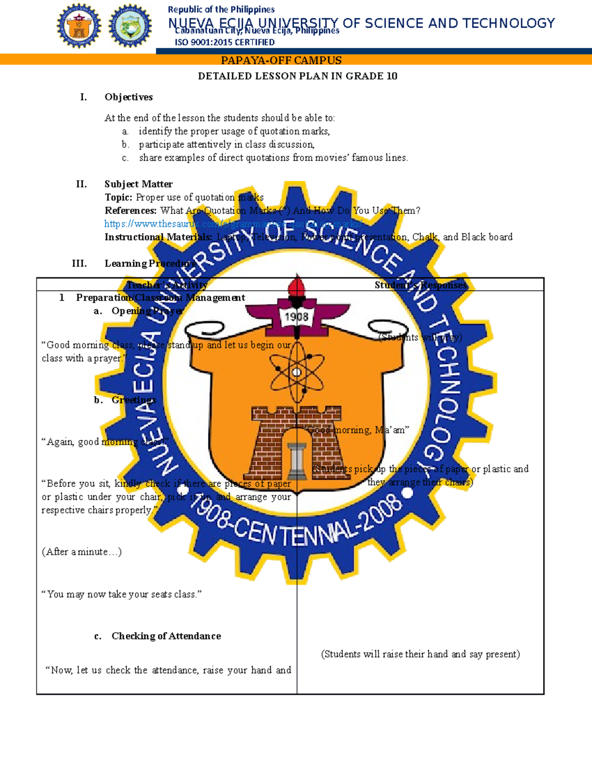 Detailed Lesson Plan on Quotation Marks for Grade 10 - Studocu