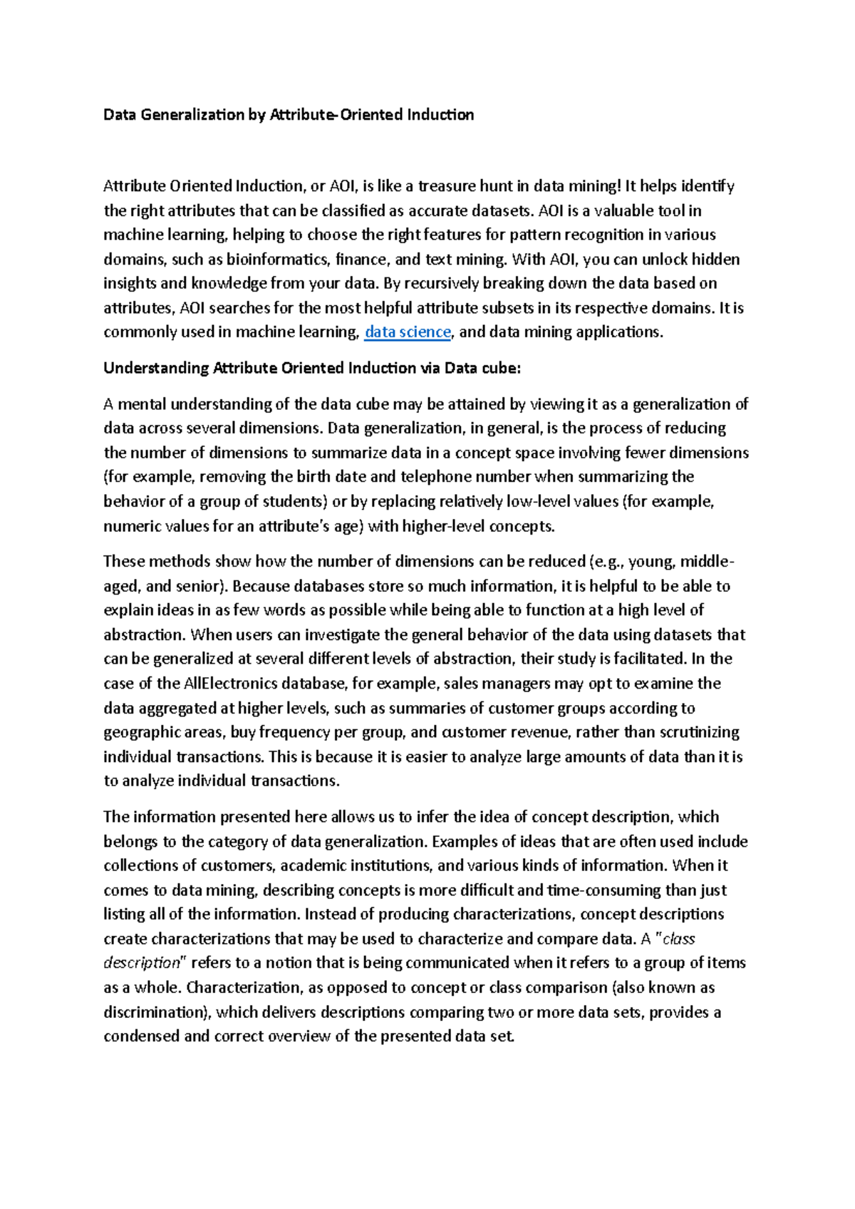 Data Generalization via Attribute Oriented Induction (AOI) - Studocu