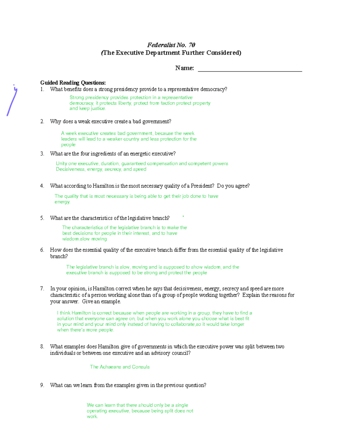 Federalist 70 Guided Reading Questions for Government Class - Studocu