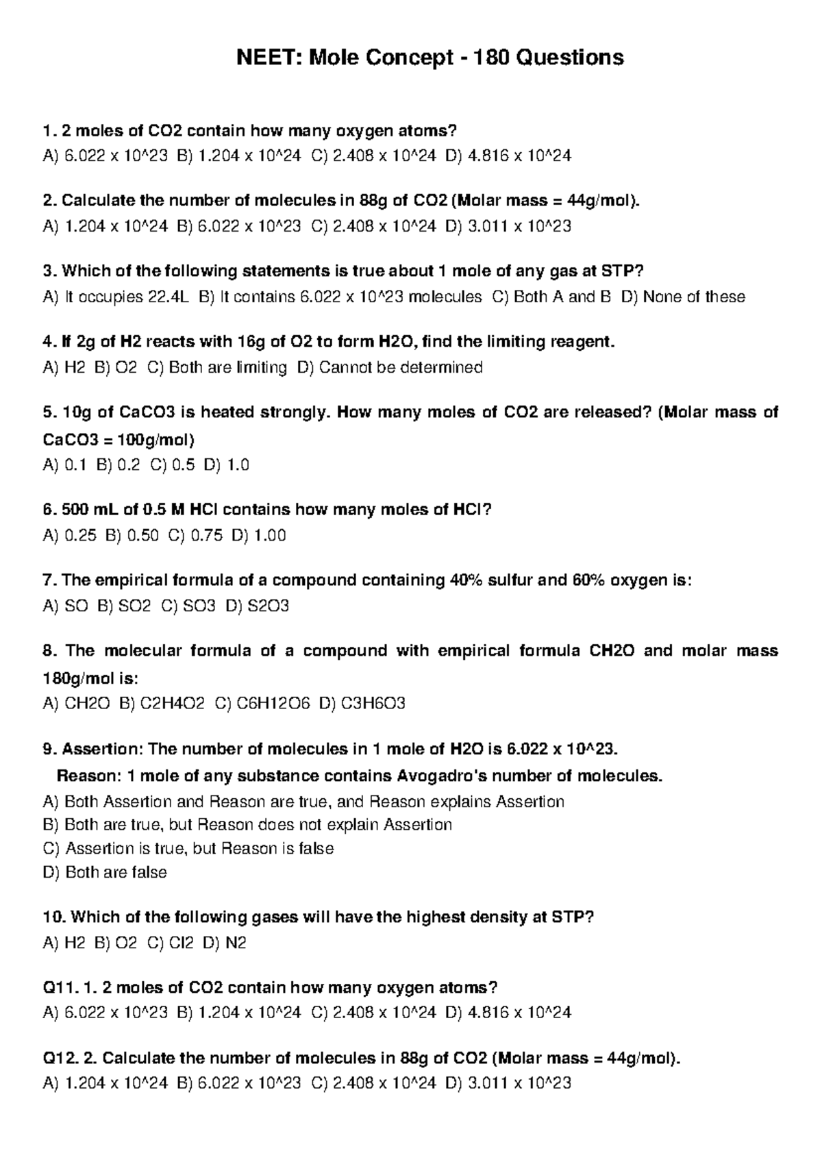 NEET Chemistry: 180 Mole Concept Questions for Exam Preparation - Studocu