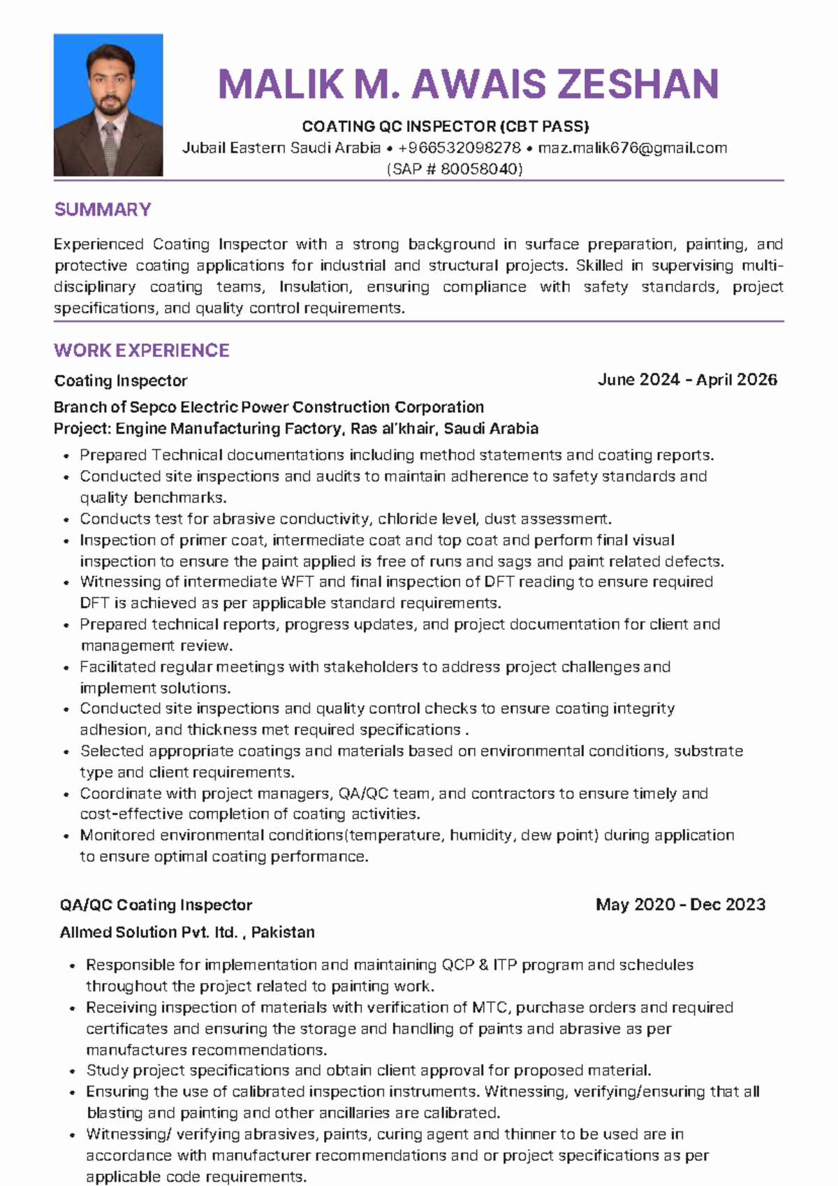 CV-Malik Awais - Coating QC Inspector (80058040) Summary - Studocu