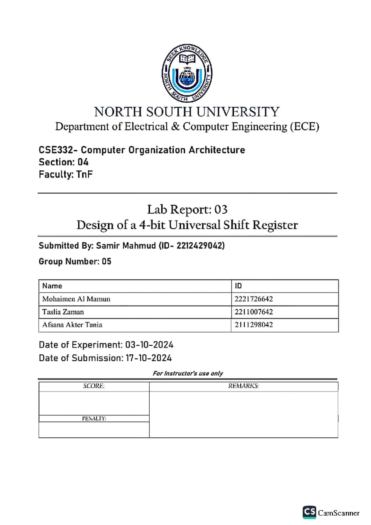CSE332 Lab report 03: Design and implementation of a universal shift register - Studocu