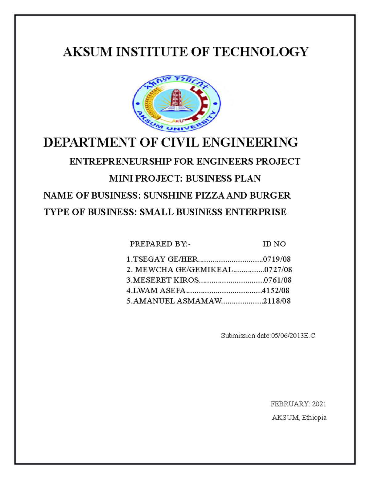 Entrepreneurship Project: Business Plan for Sunshine Pizza & Burger ...