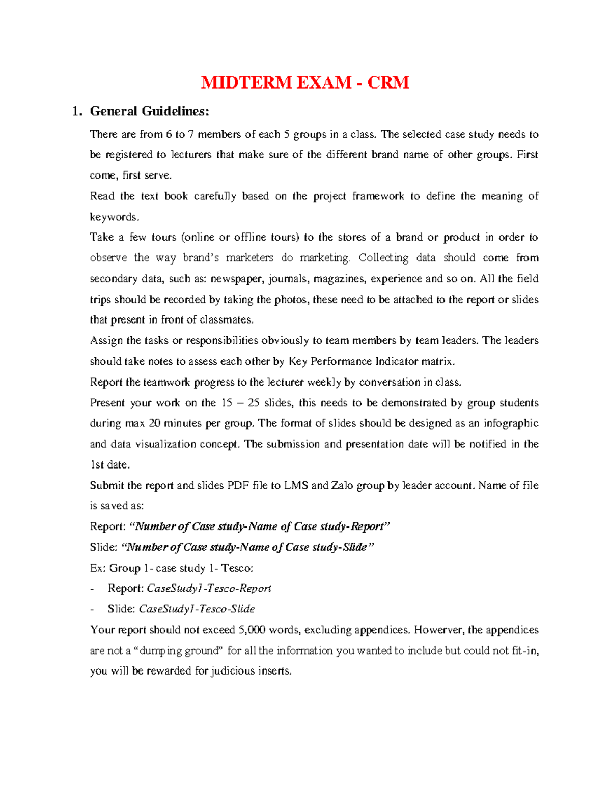 CRM - Midterm Exam Guideline - MIDTERM EXAM - CRM 1. General Guidelines ...