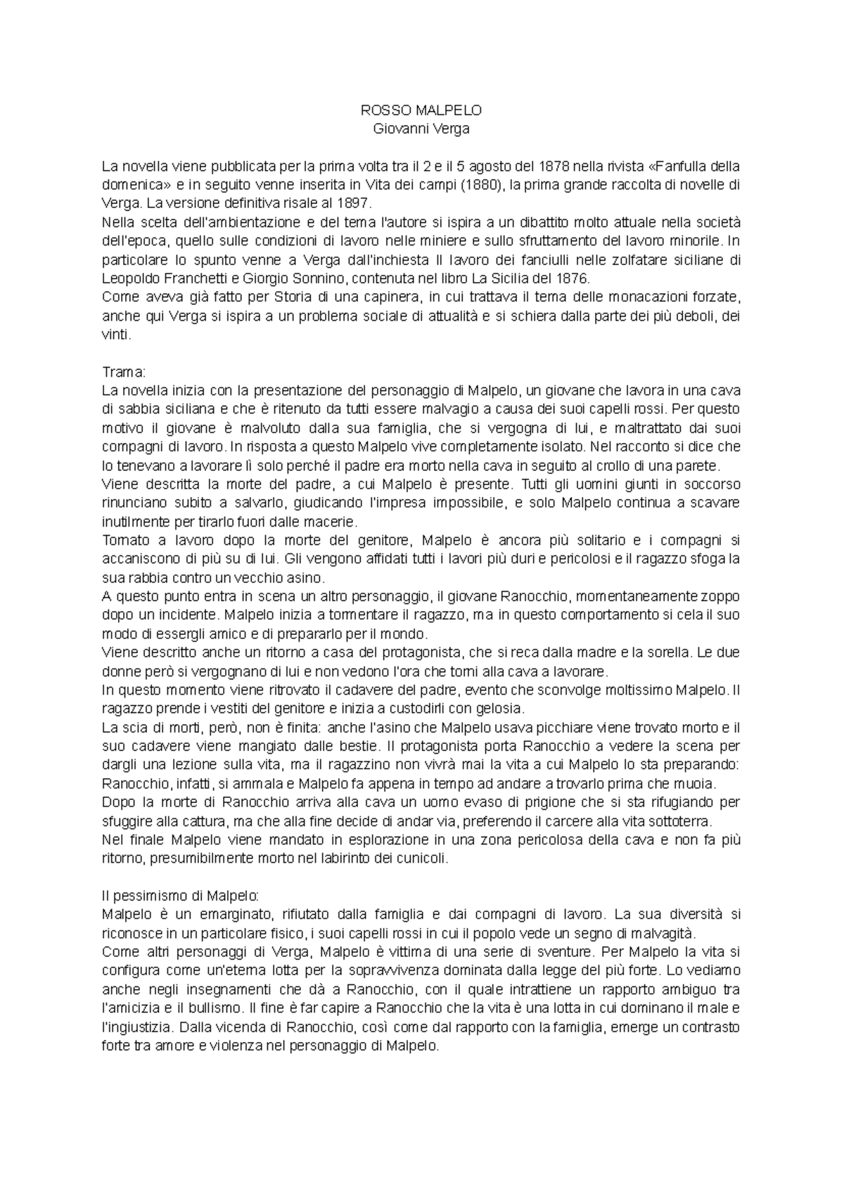 Rosso Malpelo italiano - ROSSO MALPELO Giovanni Verga La novella viene ...