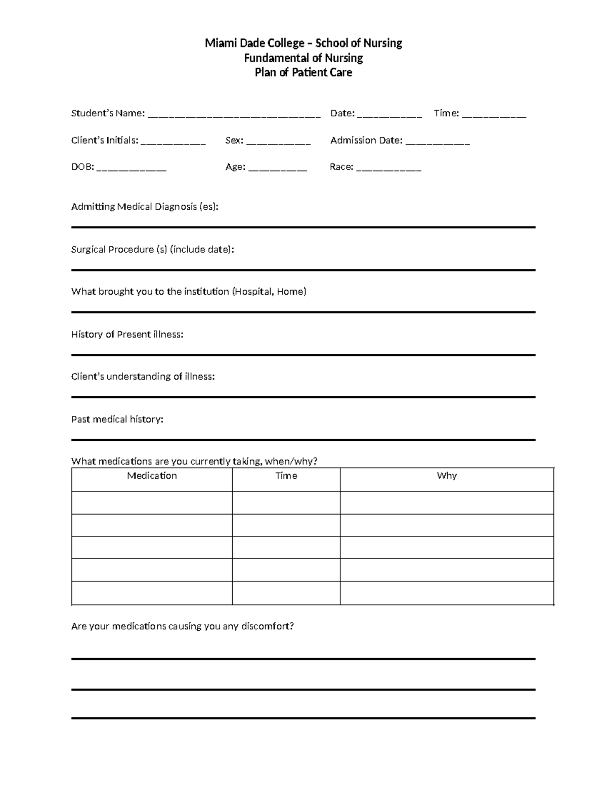 Miami Dade College NUR 101 Care Plan Template for Patient Assessment ...