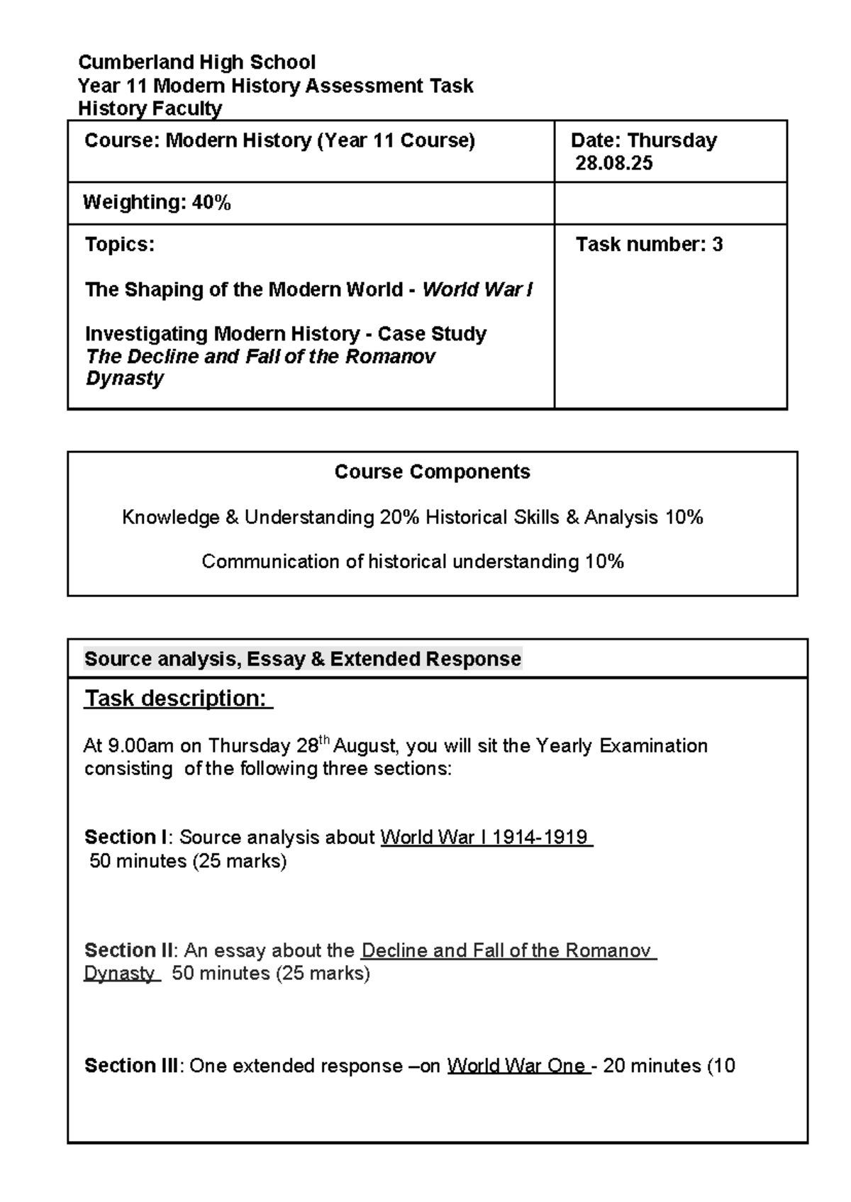 11MH Year 11 Modern History Task 3: Case Study on WWI & Romanovs - Studocu