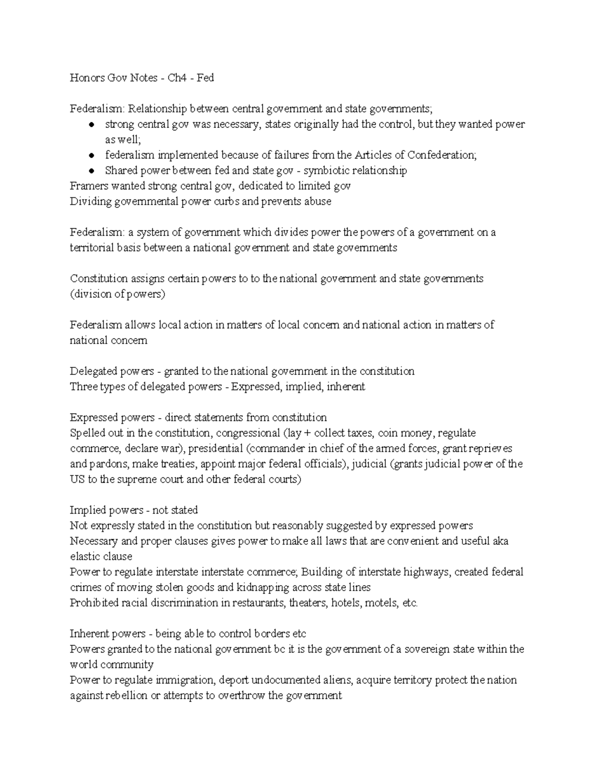 Honors Government - Chapter 4 - Federalism - Honors Gov Notes - Ch4 ...