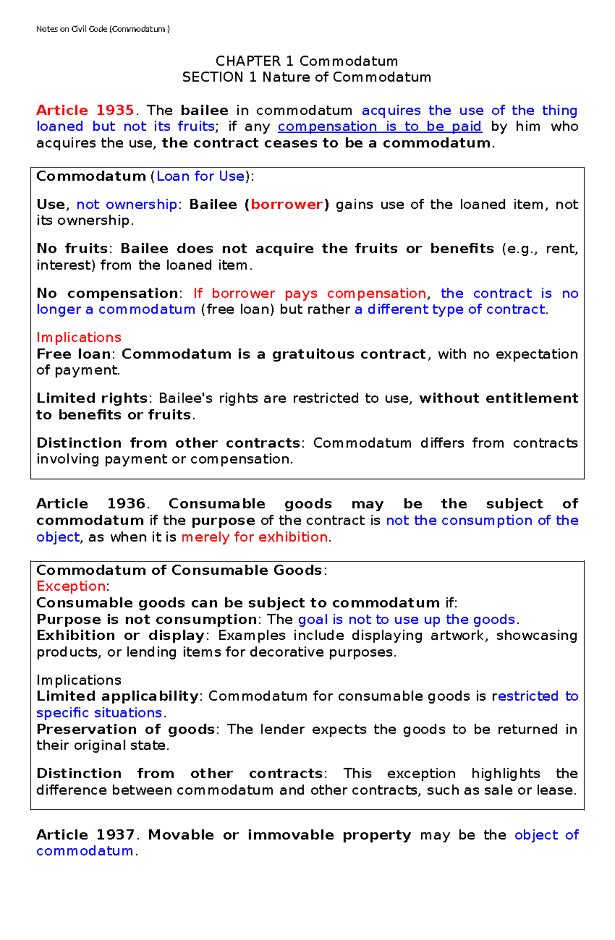 Civil Code Notes: Commodatum Overview and Key Articles - Studocu