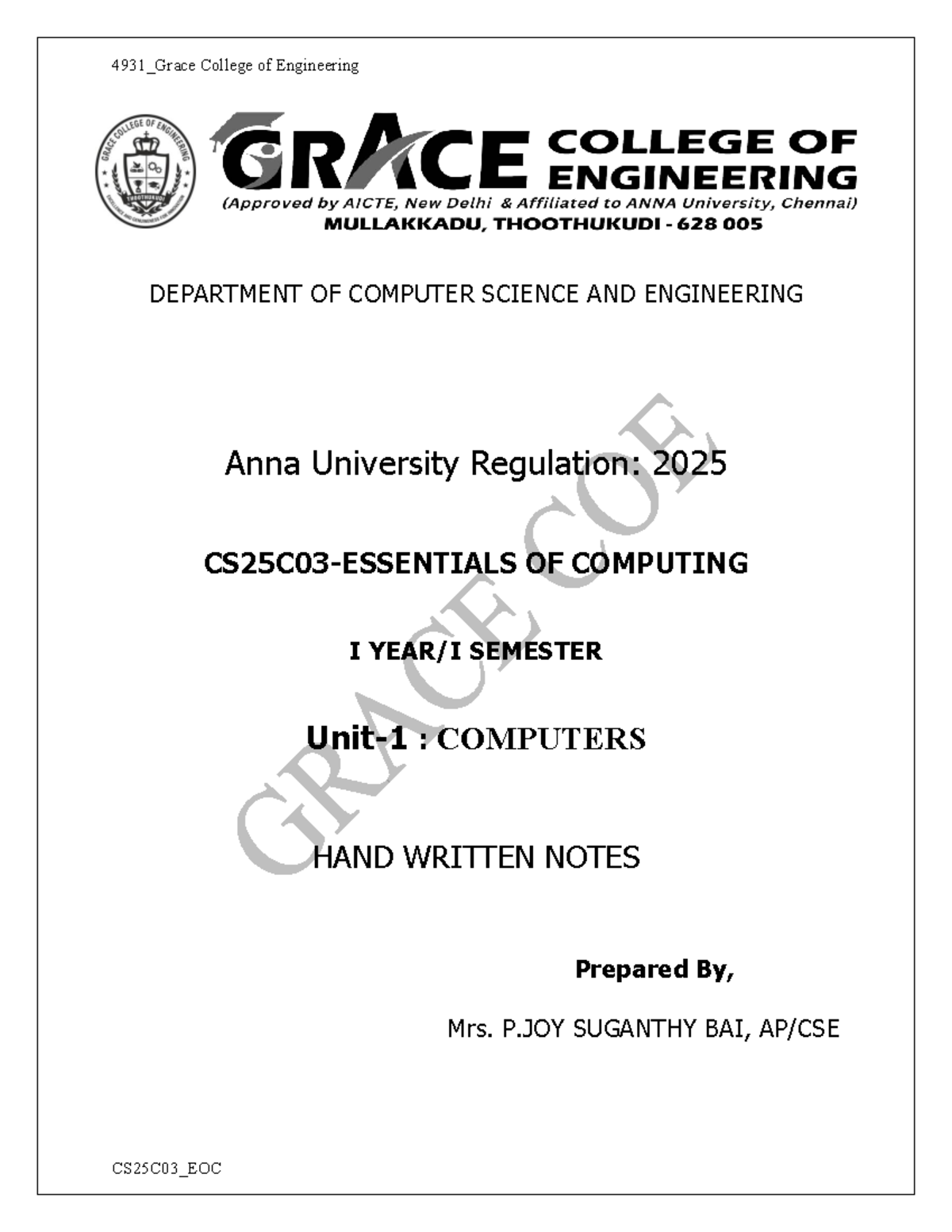 CS25C03_EOC Handwritten Notes for Unit 1 - ESC at Grace College - Studocu