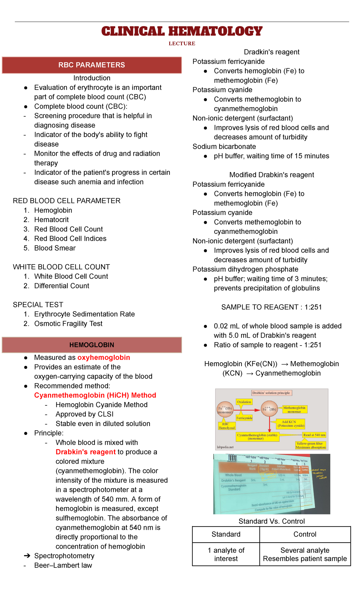 Final Exam Notes: CLINICAL HEMATOLOGY HEMA 1 - RBC Parameters & Tests ...