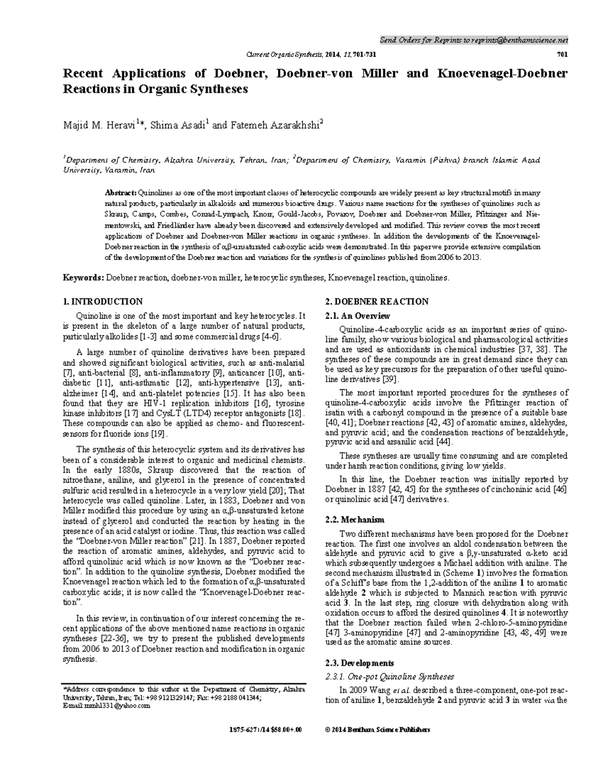 Recent Applications of Doebner and Miller Reactions in Organic ...