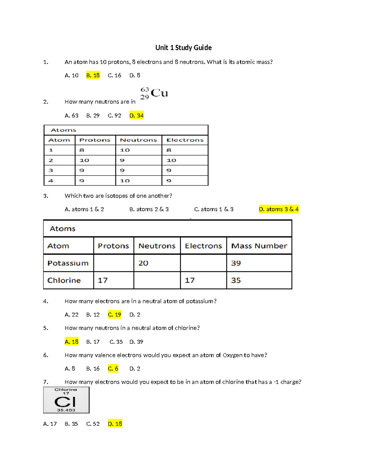Unit 1 Study Guide Key-3: Atomic Structure & Properties - Studocu