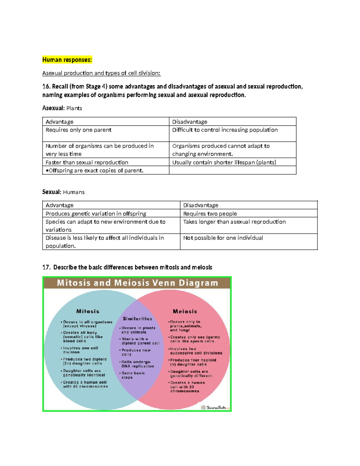 Year 10 Science Task 1: Asexual & Sexual Reproduction, Cell Division ...