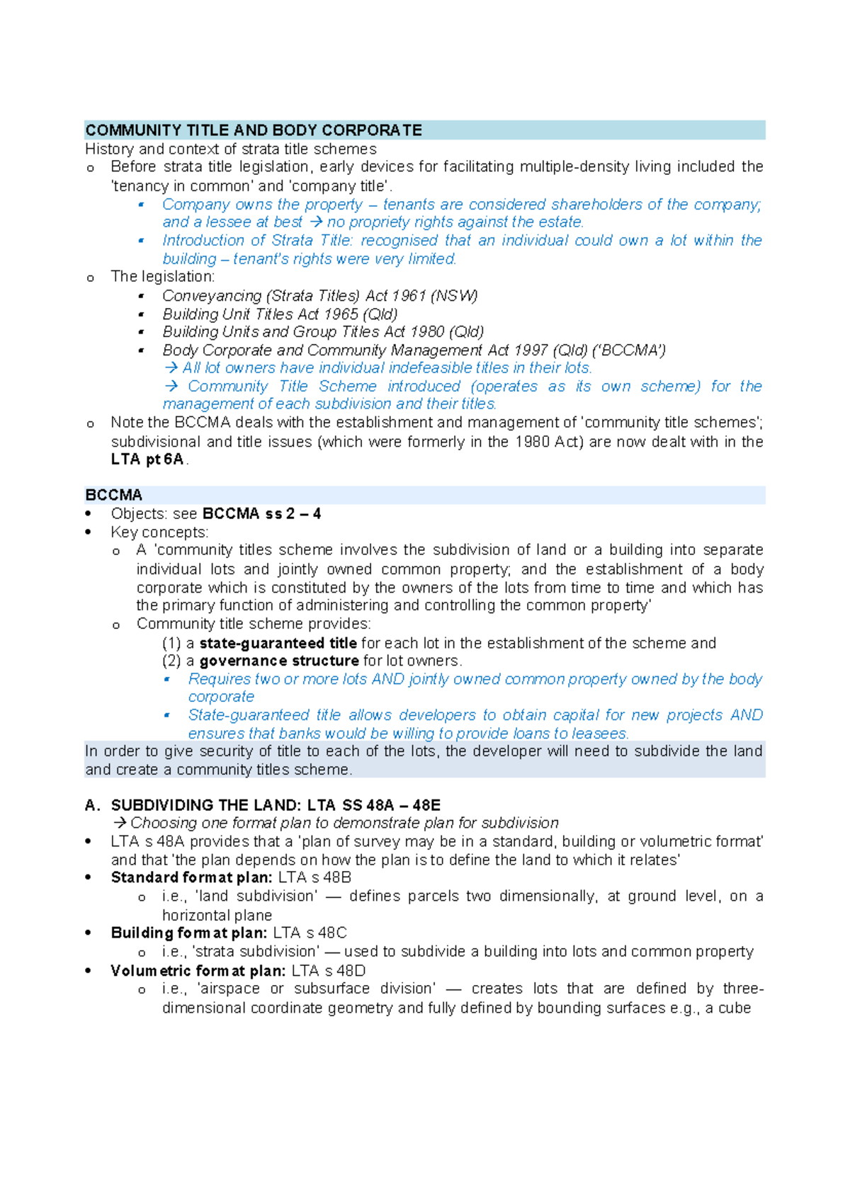 LAWS2707 Lecture Notes: Community Title & Body Corporate Overview - Studocu