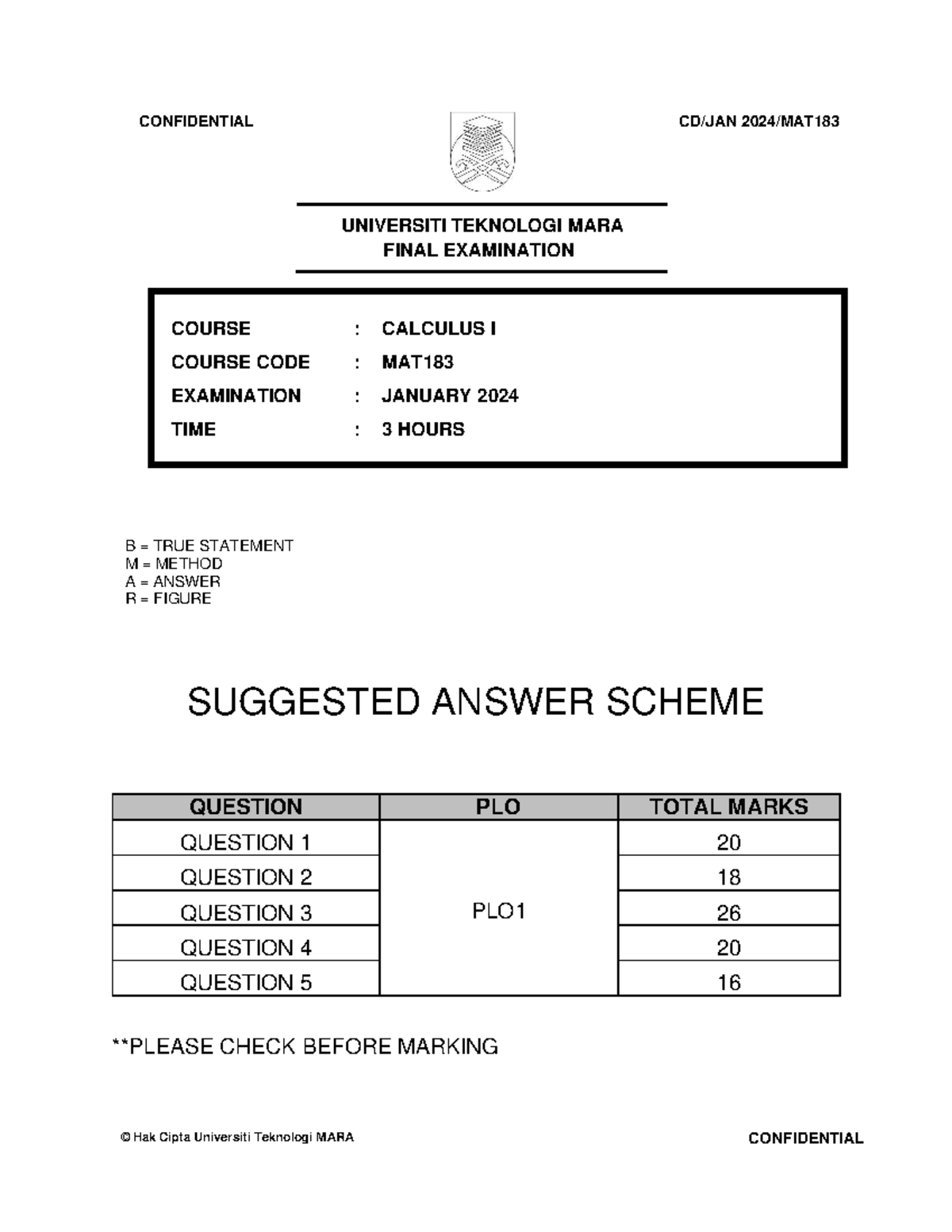 MAT183 Final Exam Answer Scheme - Calculus I January 2024 - Studocu