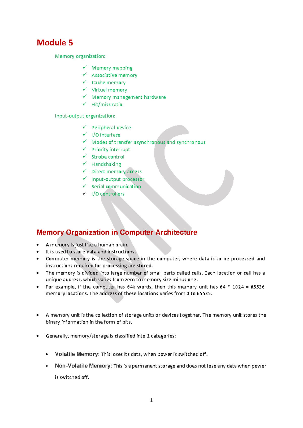 Memory Organization and I/O Management - Module 5 Study Notes - Studocu