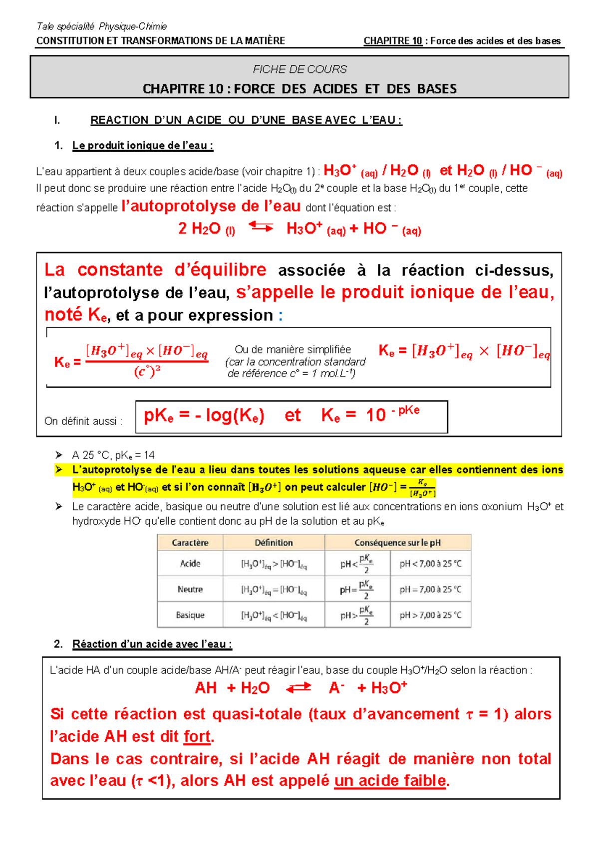 Chapitre 10 : Force des Acides et des Bases - Fiche de Cours - Studocu