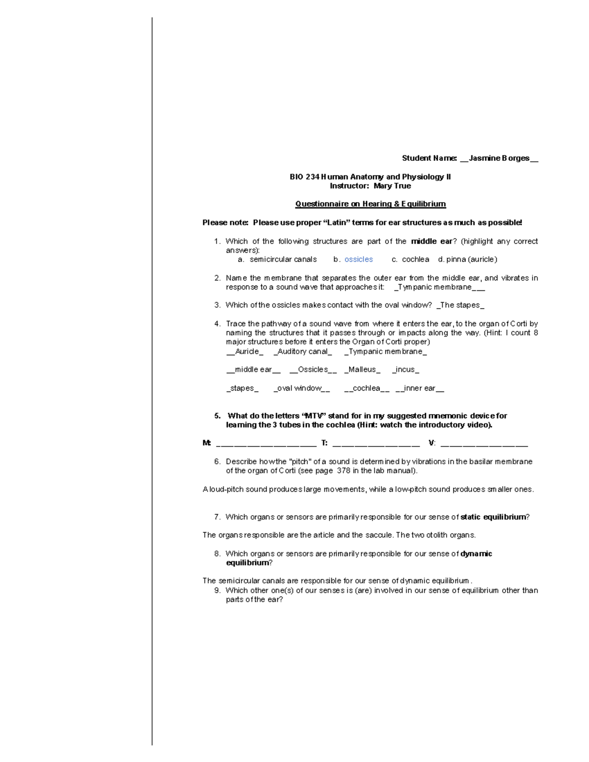 Questionnaire on Hearing and Equilibrium - Student Name: Jasmine Borges ...