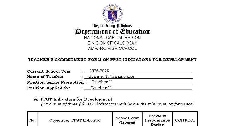Teacher's Commitment Form on PPST Indicators for Development - Studocu