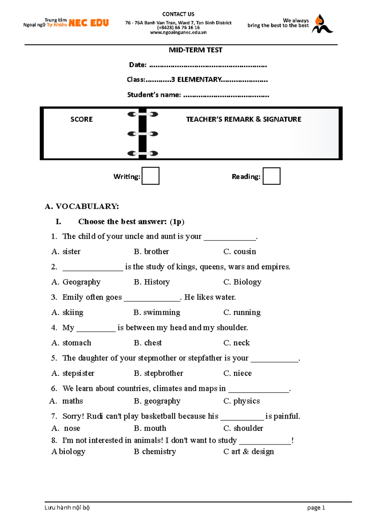 Midterm Test 3: Elementary Writing & Reading Assessment - Studocu