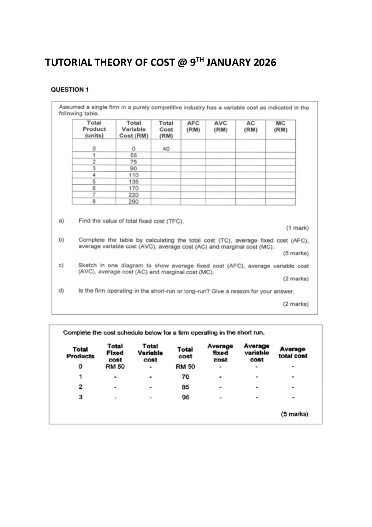 Tutorial on Theory of Cost - 9th Jan 2026 Analysis and Questions - Studocu