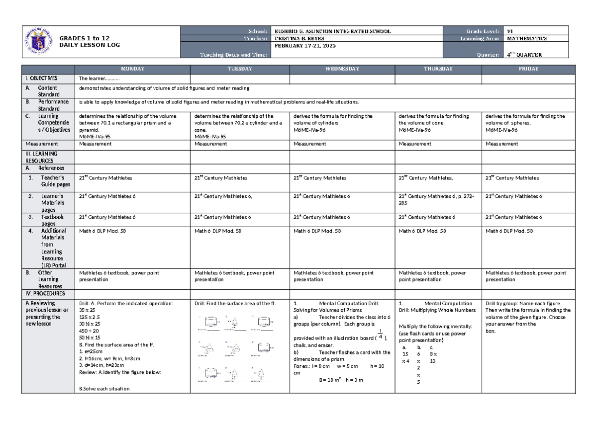 Mathematics 6 Daily Lesson Log (DLL) Q4 W1: Volume & Measurement ...