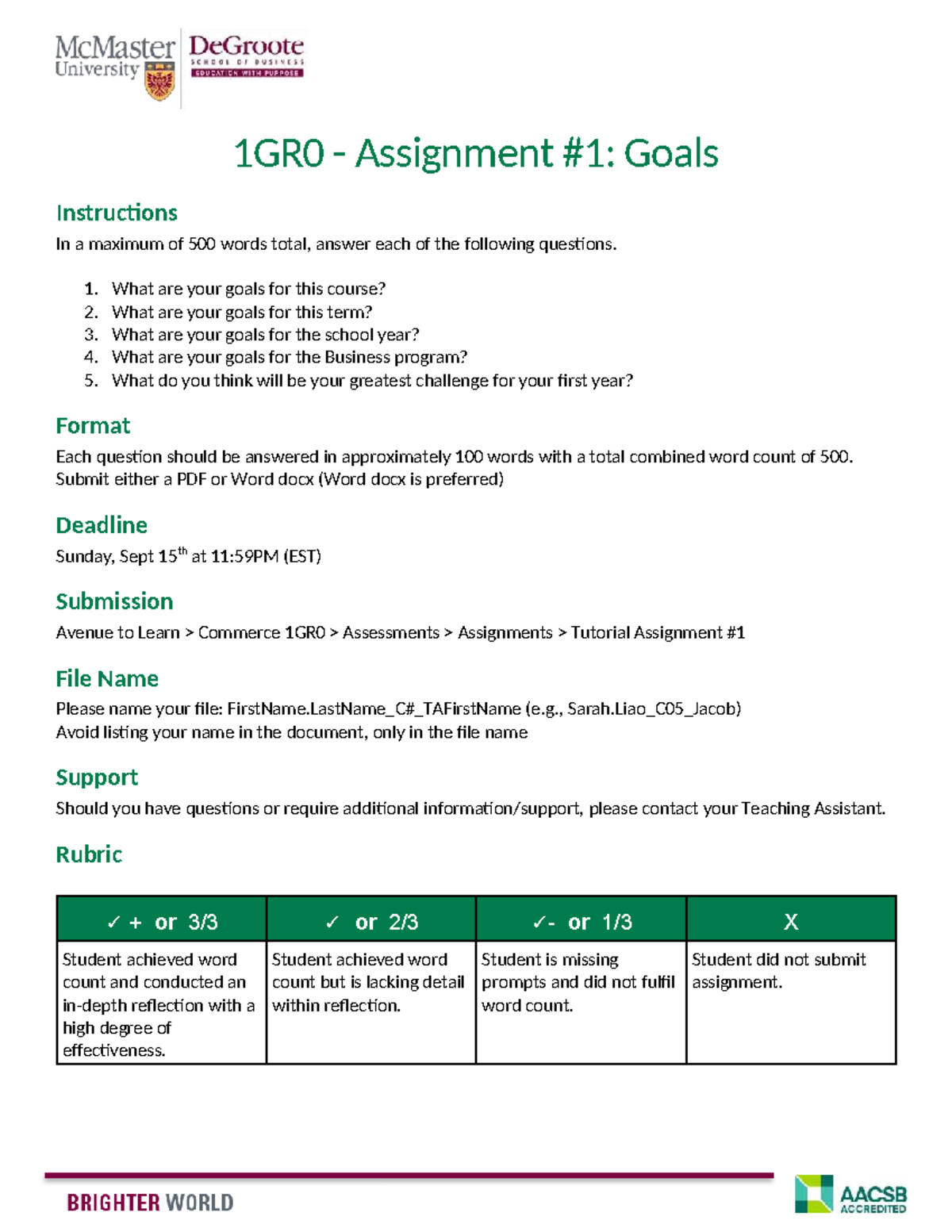 1GR0 - Tutorial Assignment 1: Goals for Course and Year - Studocu