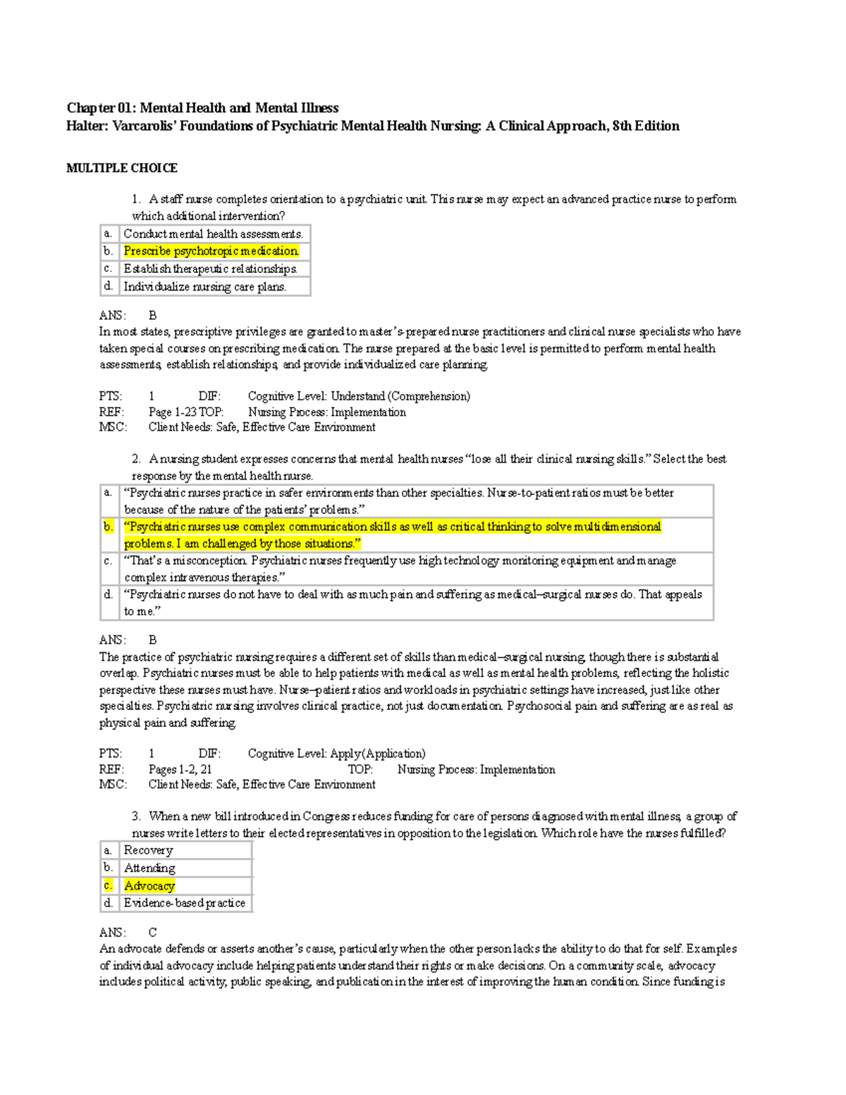 Chapter 01 Mental Health and Mental Illness: Exam 1 Practice Questions ...