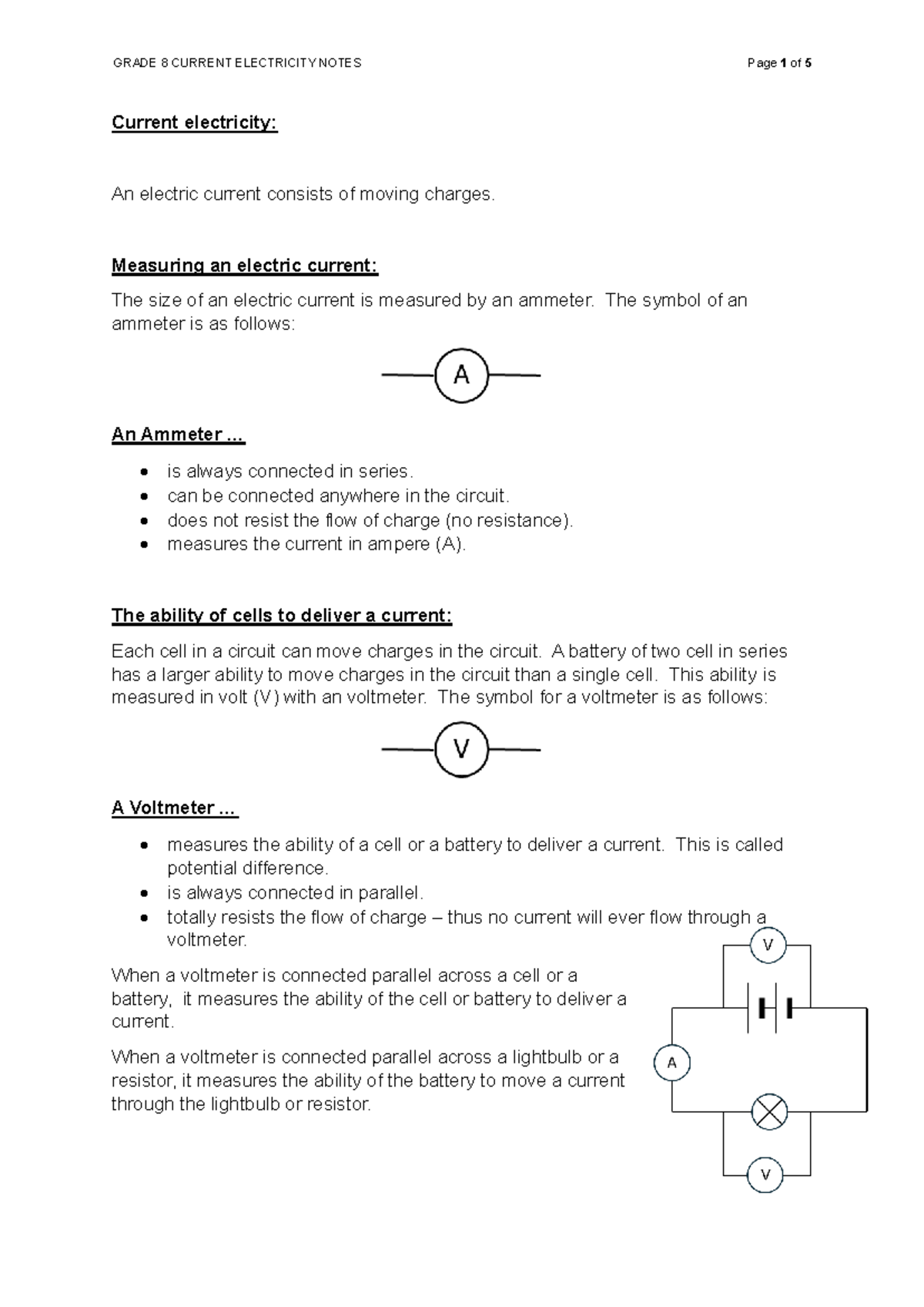 Current Electricity Grade 8 Study Notes: Concepts & Measurements - Studocu