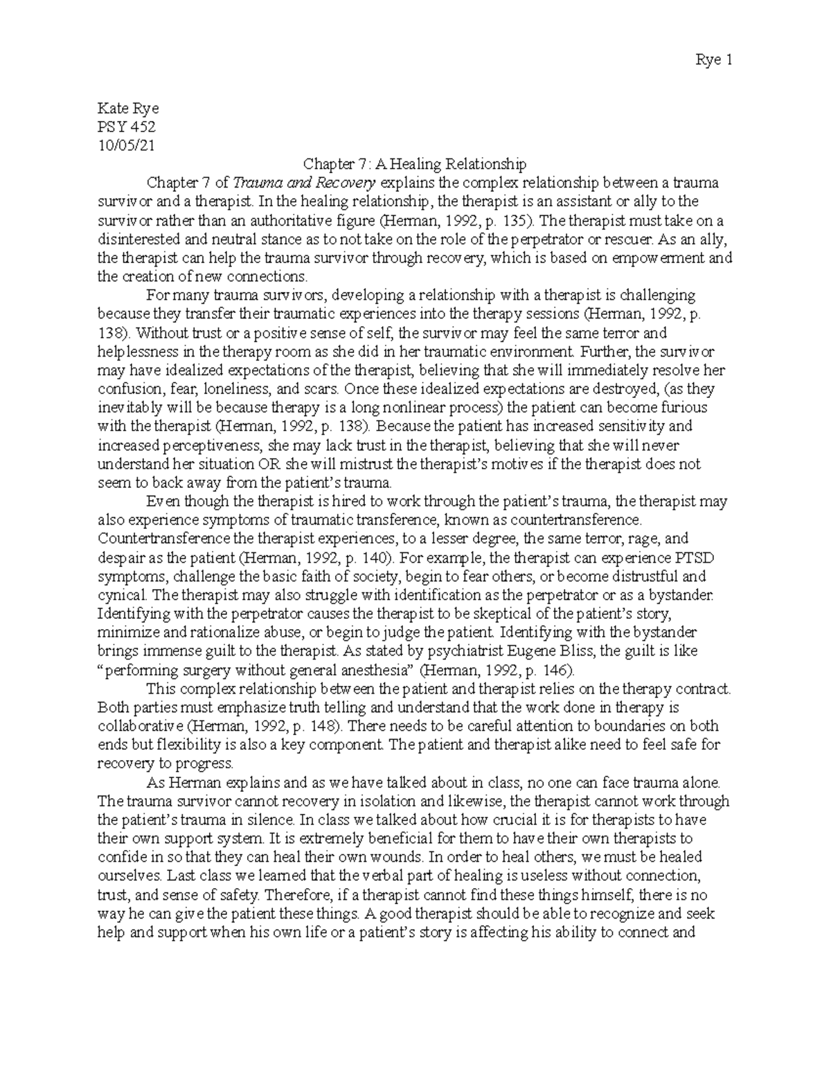 PSY 452 Chapter 7 Summary: The Healing Therapist-Survivor Relationship - Studocu