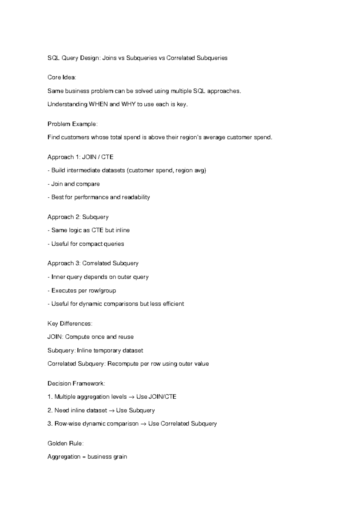 SQL Query Patterns: Joins vs Subqueries vs Correlated Subqueries - Studocu