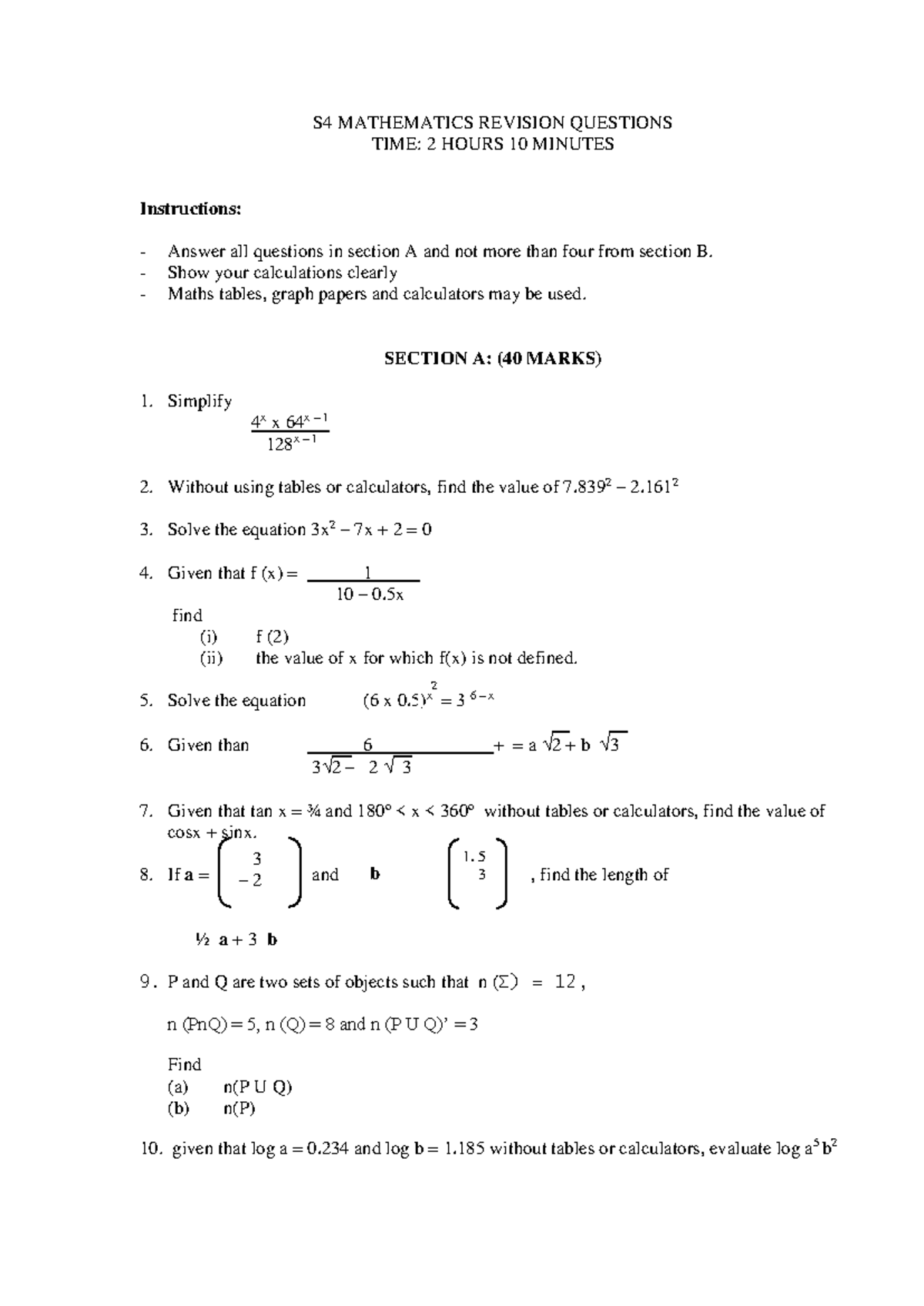 S4 MATHEMATICS REVISION QUESTIONS - OLEVEL PEP 1 SET 6 - Studocu