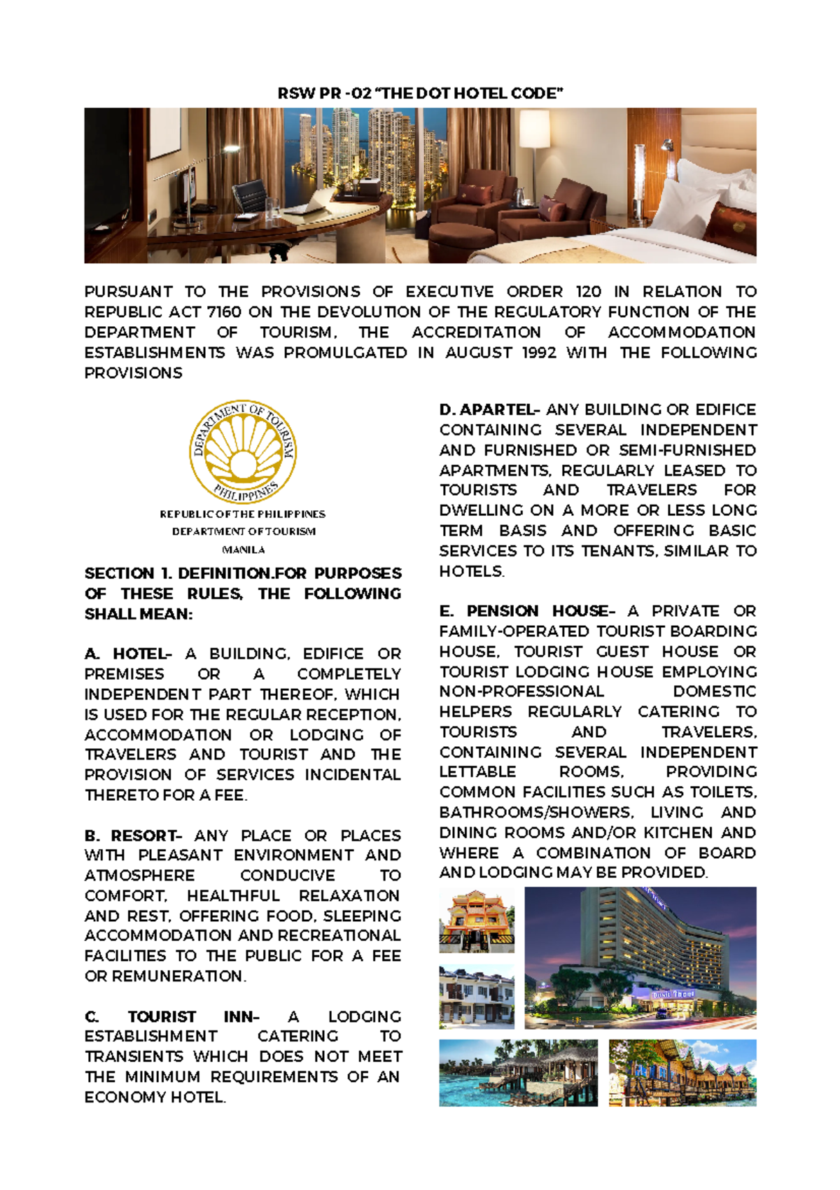 DOT Hotel Code - Full Guidelines and Standards for Accommodation - Studocu