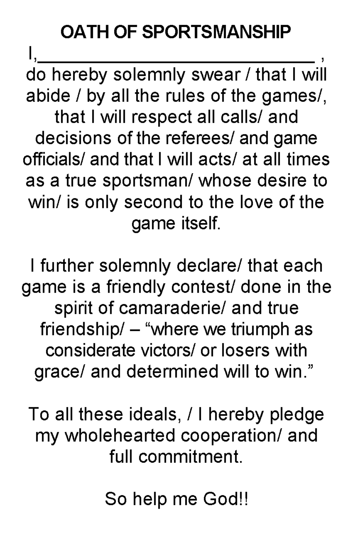 OATH OF SPORTSMANSHIP - Commitment to Fair Play and Respect - Studocu