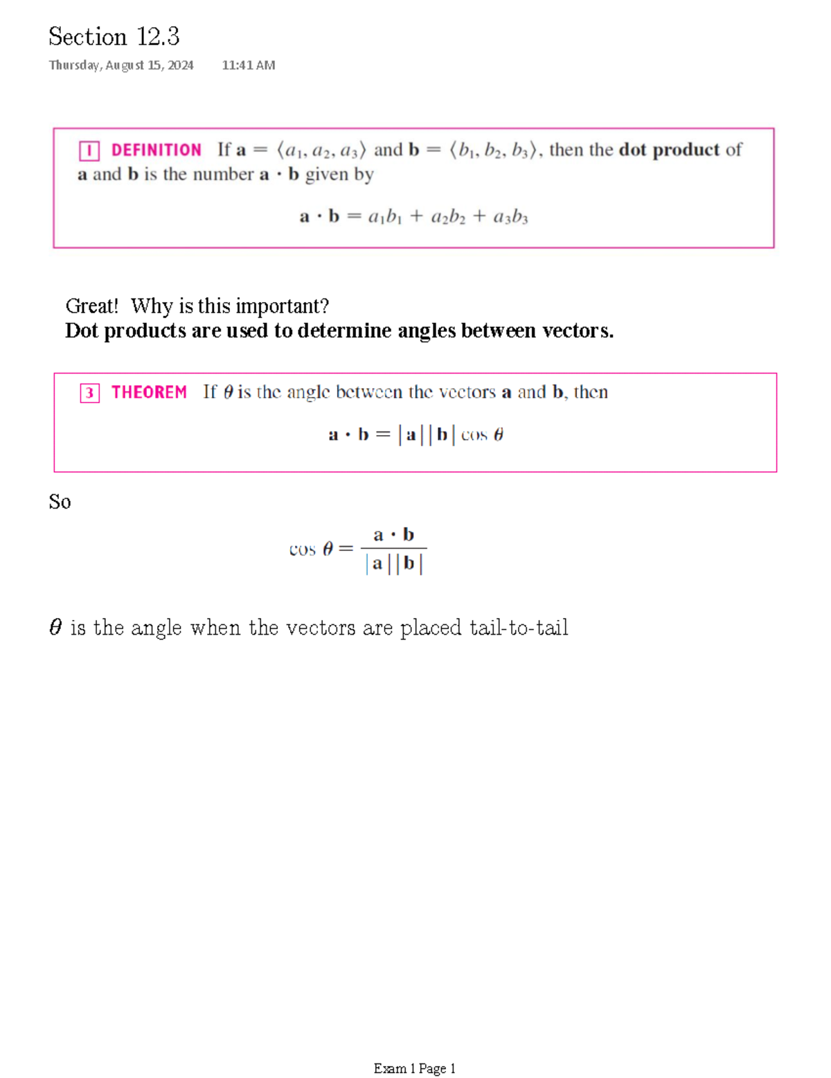Exam 1 Review: Dot Products and Angles Between Vectors - SM005 - Great ...