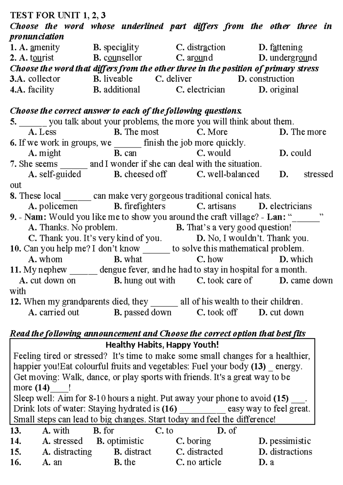 TEST FOR UNIT 1, 2, 3 - English Language Practice Questions - Studocu