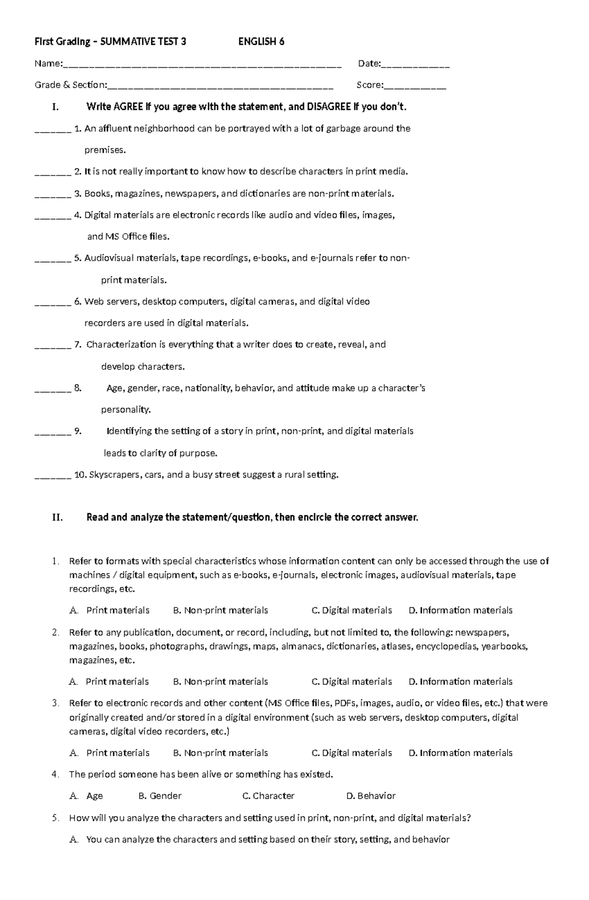 3rd Quarter Summative Test 1: English 6 Grade I - Studocu