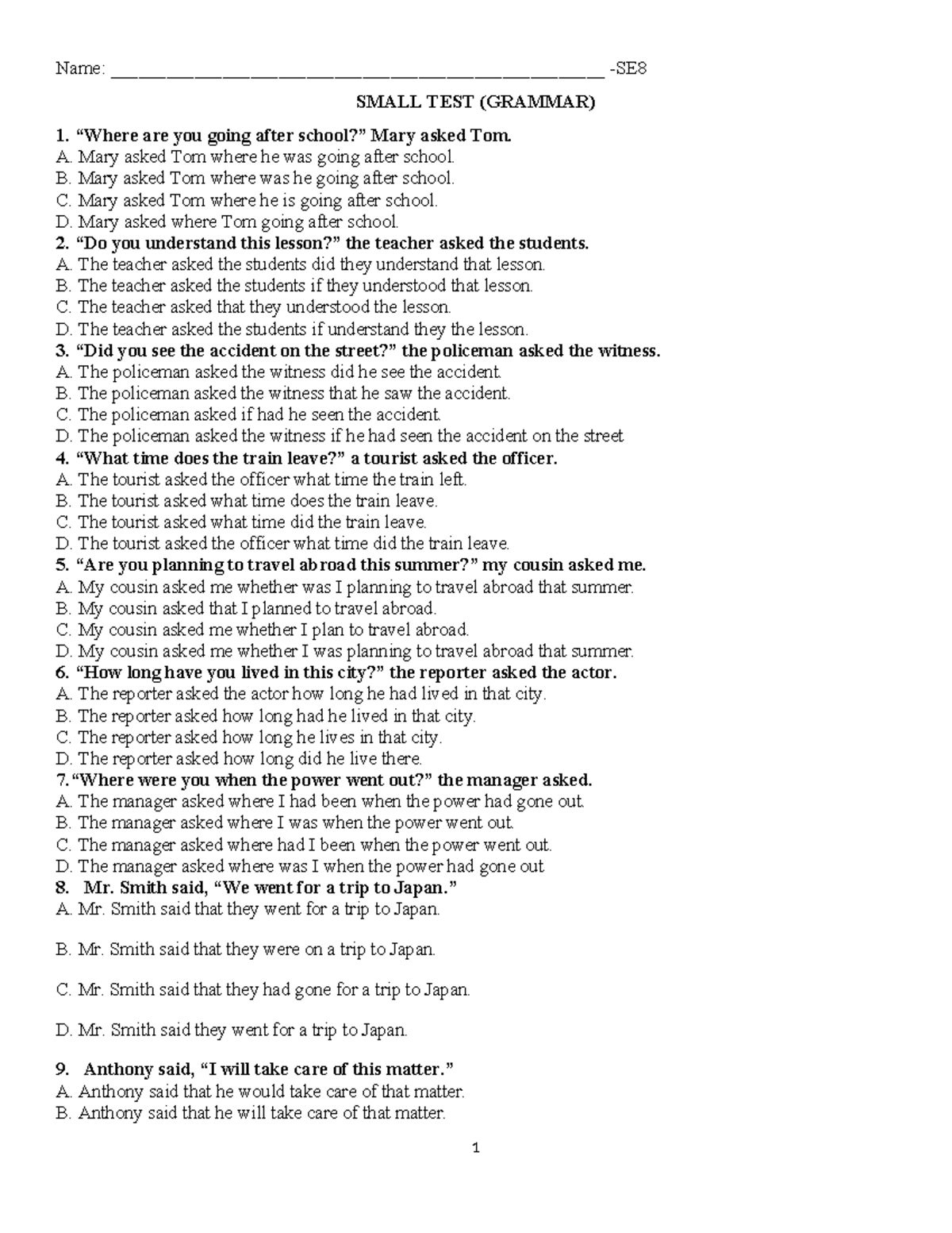 SMALL TEST (GRAMMAR) - Basic Grammar Assessment - Studocu
